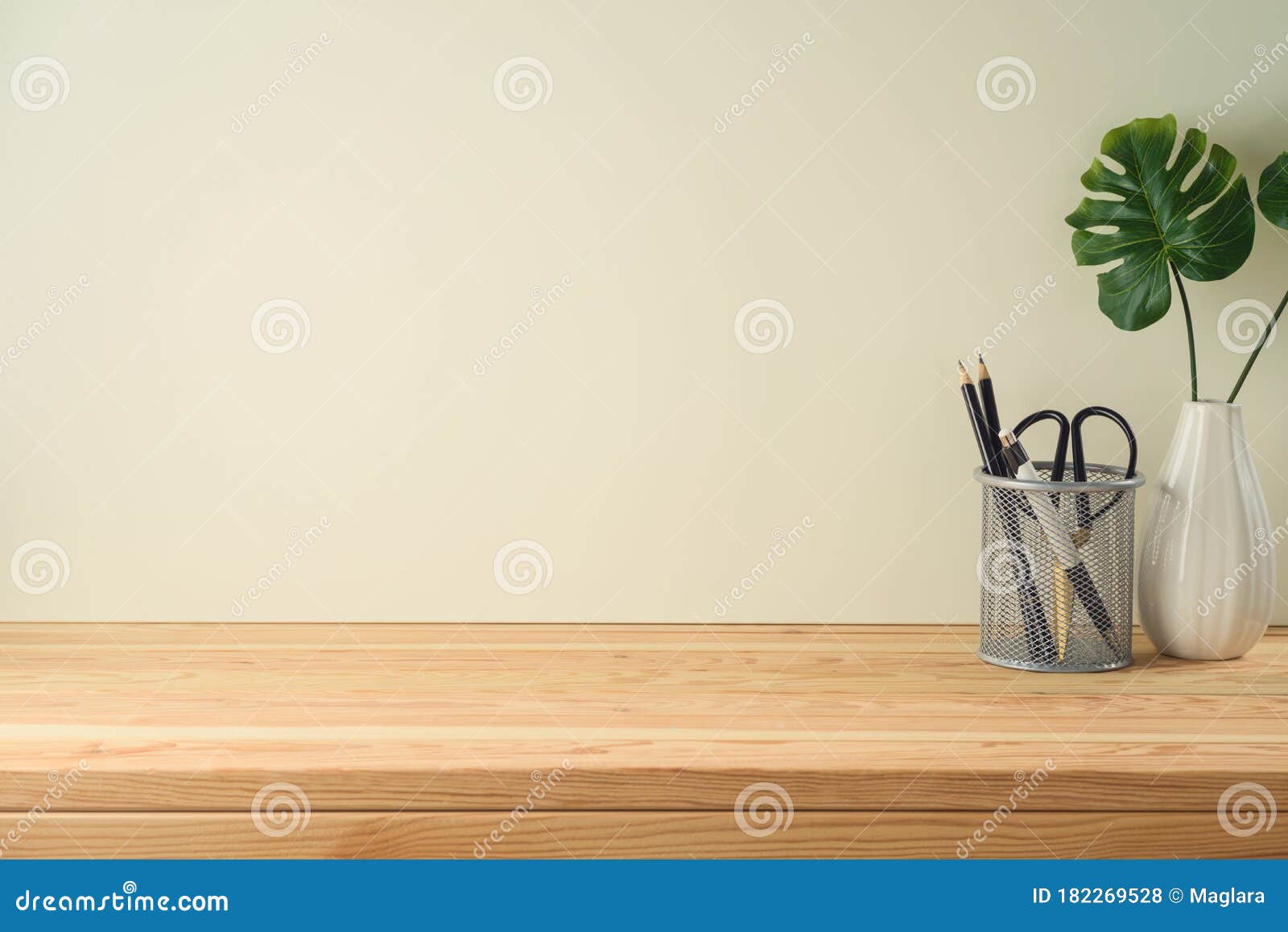 Wooden Table with Pencils and Home Decor Plant Stock Photo - Image of ...