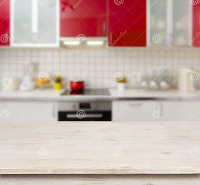 Wooden Table on Red Modern Kitchen Bench Interior Background Stock ...
