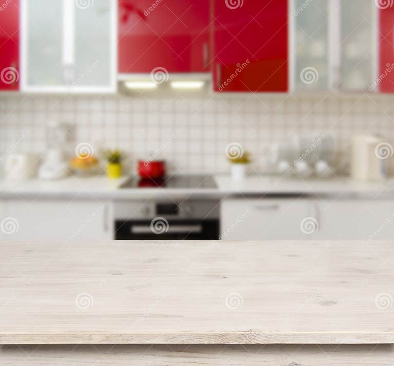 Wooden Table on Red Modern Kitchen Bench Interior Background Stock ...