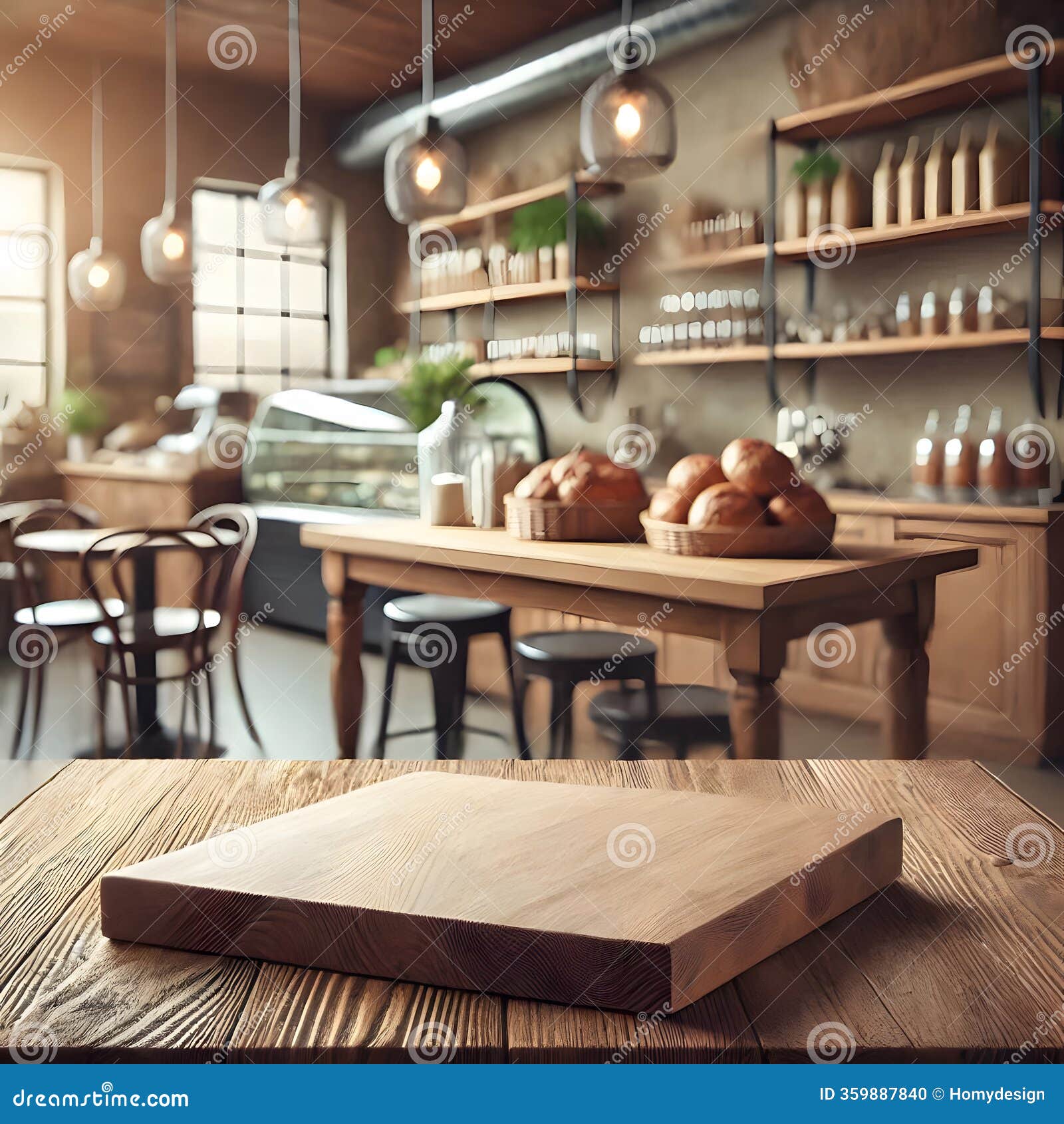 Wooden Table in a Rustic Cafe with Bread, Seating, Shelves, and Hanging ...