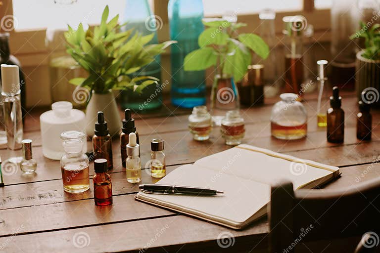 Wooden Table with Samples of Perfume Stock Image - Image of extract ...