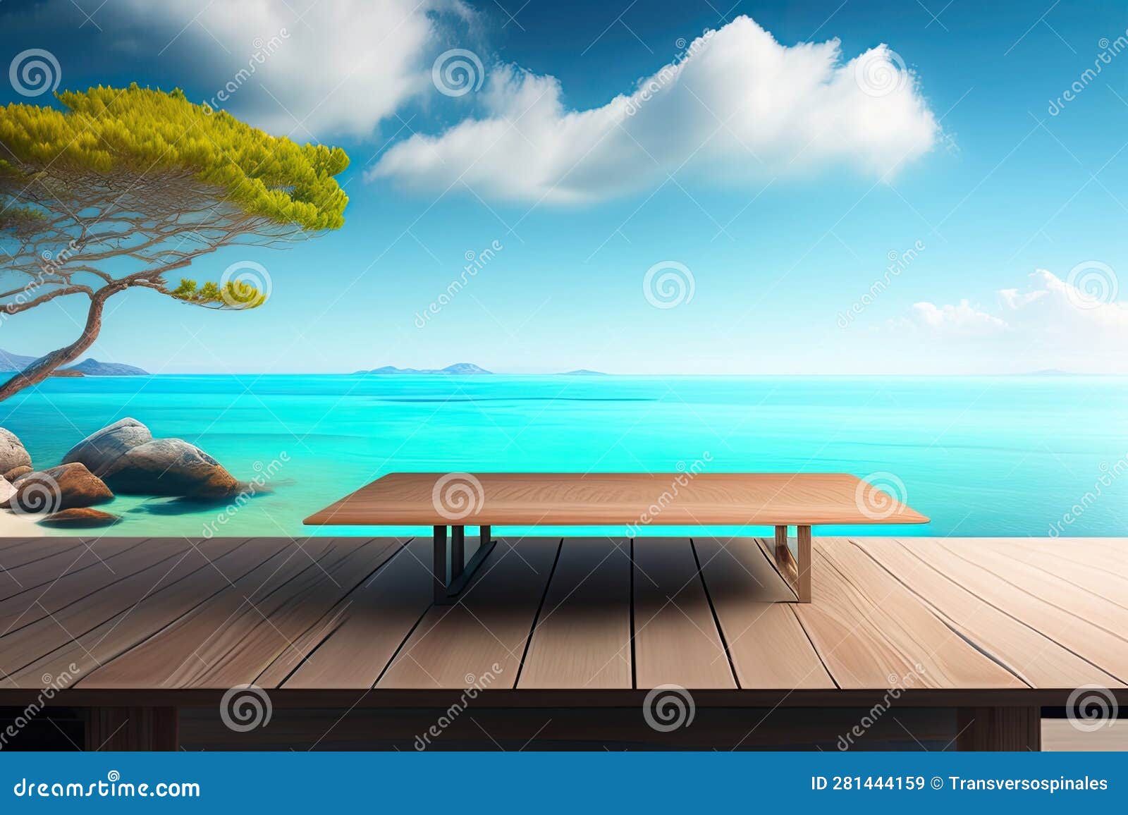 Wooden Table with Sea Background Stock Illustration - Illustration of ...