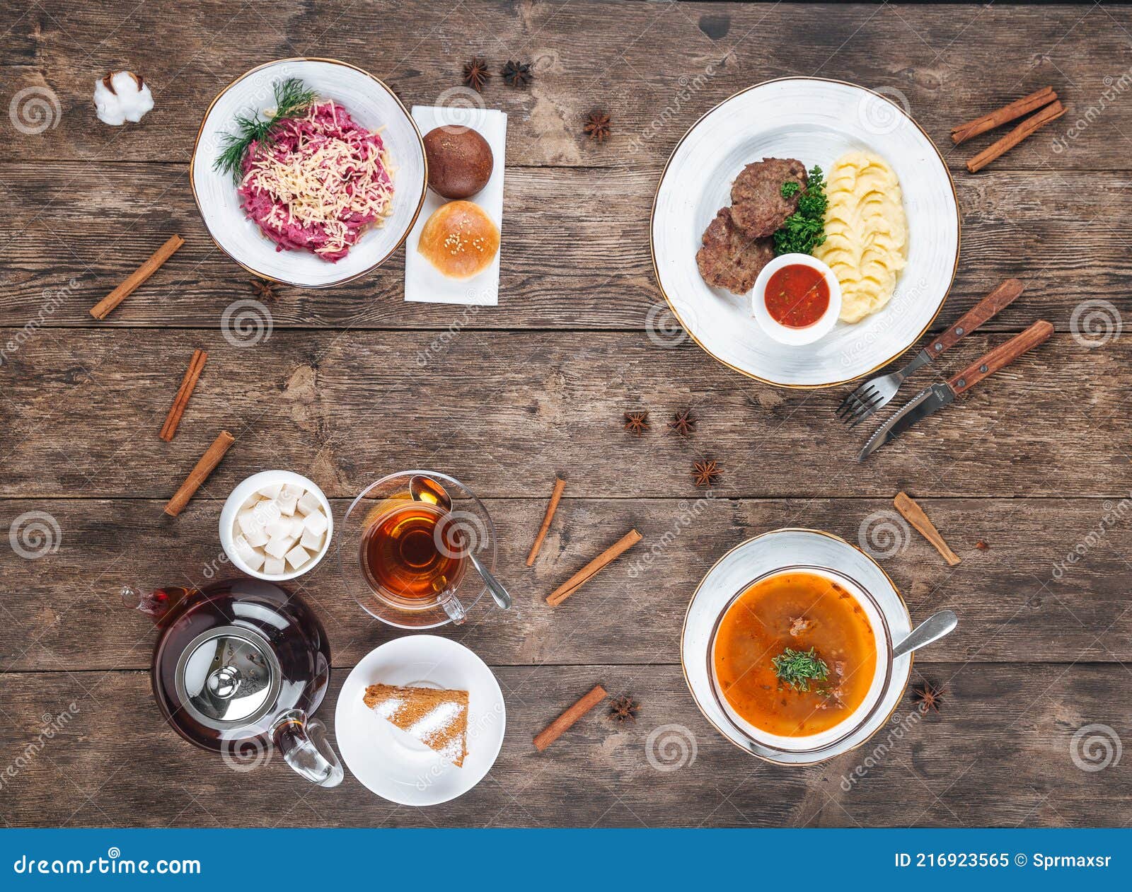 Wooden Table Served with Russian Dishes for Lunch Stock Image - Image ...