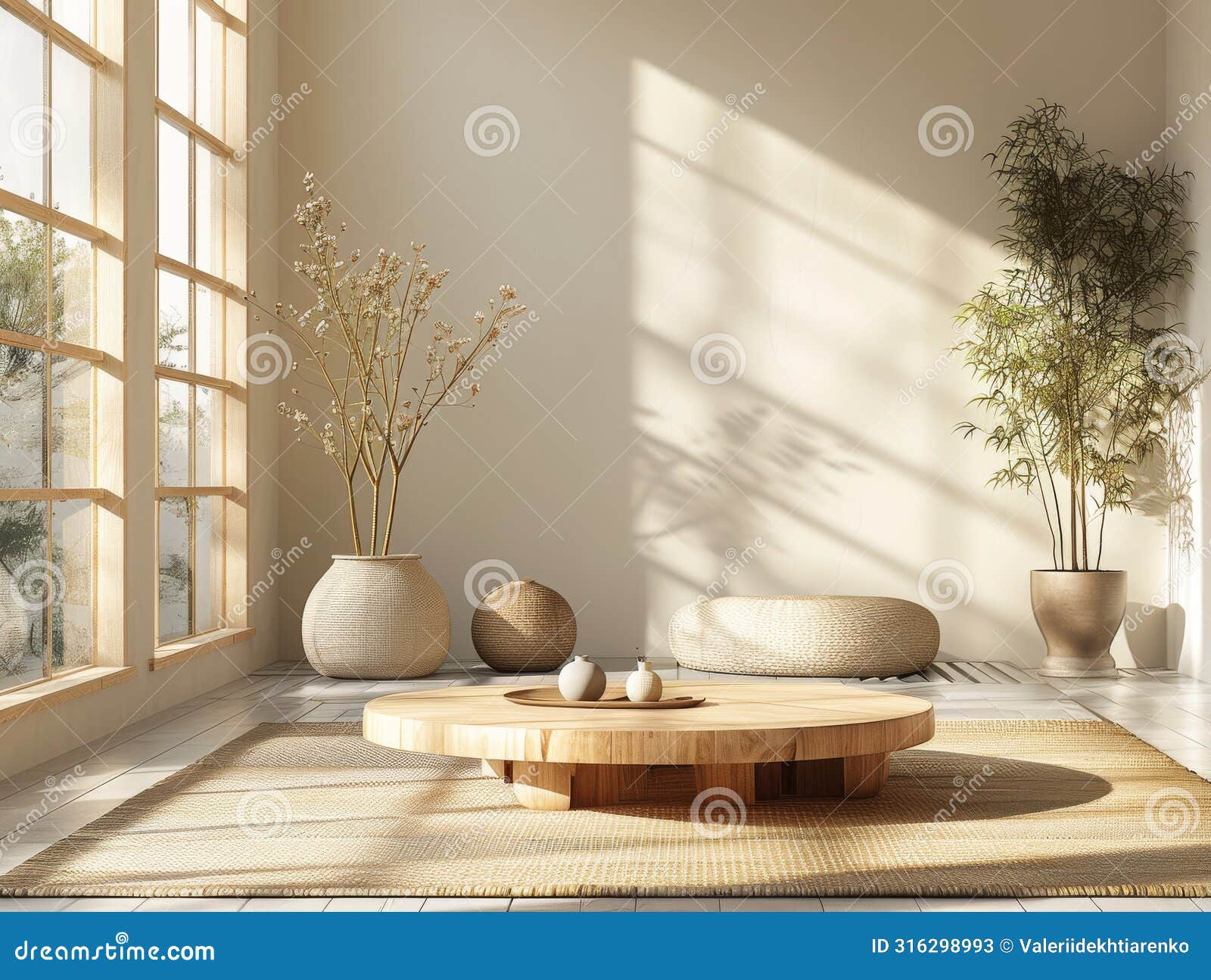 A Wooden Table Sits in the Rooms Center, Complementing the Interior ...