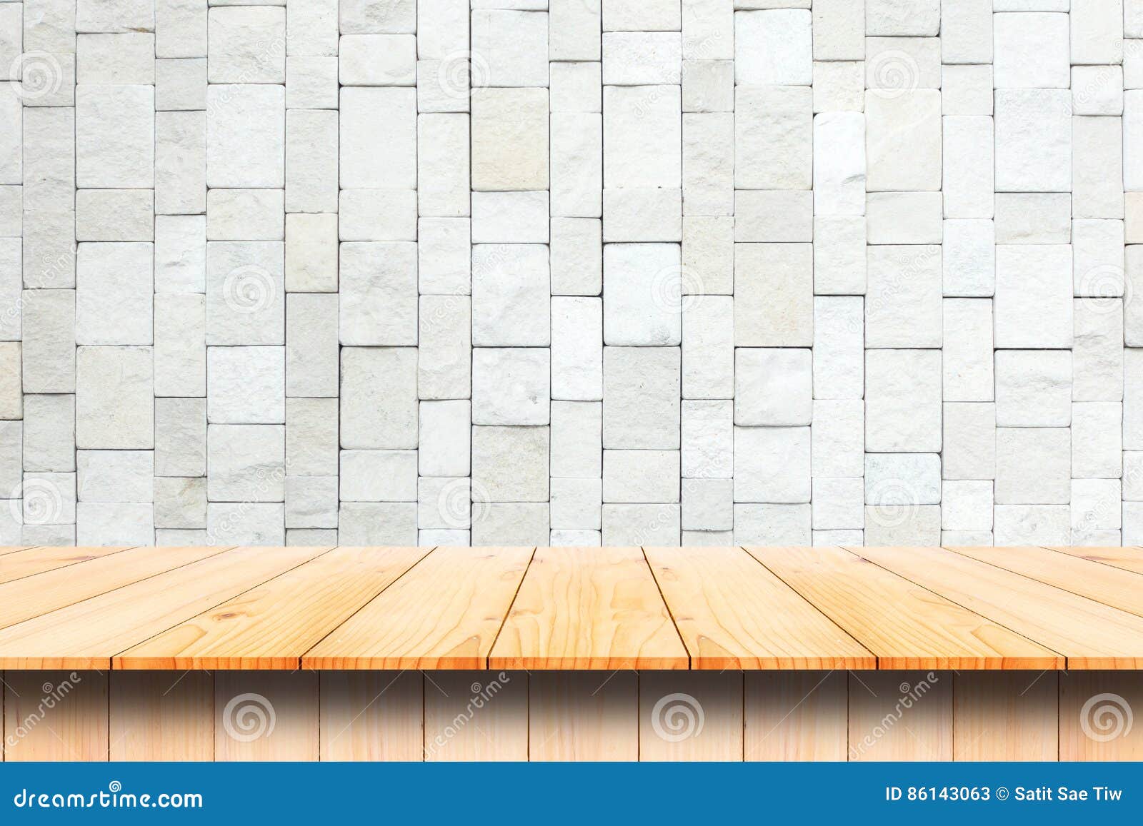 Wooden Table and Stacked Stone Wall. Stock Image - Image of perspective ...