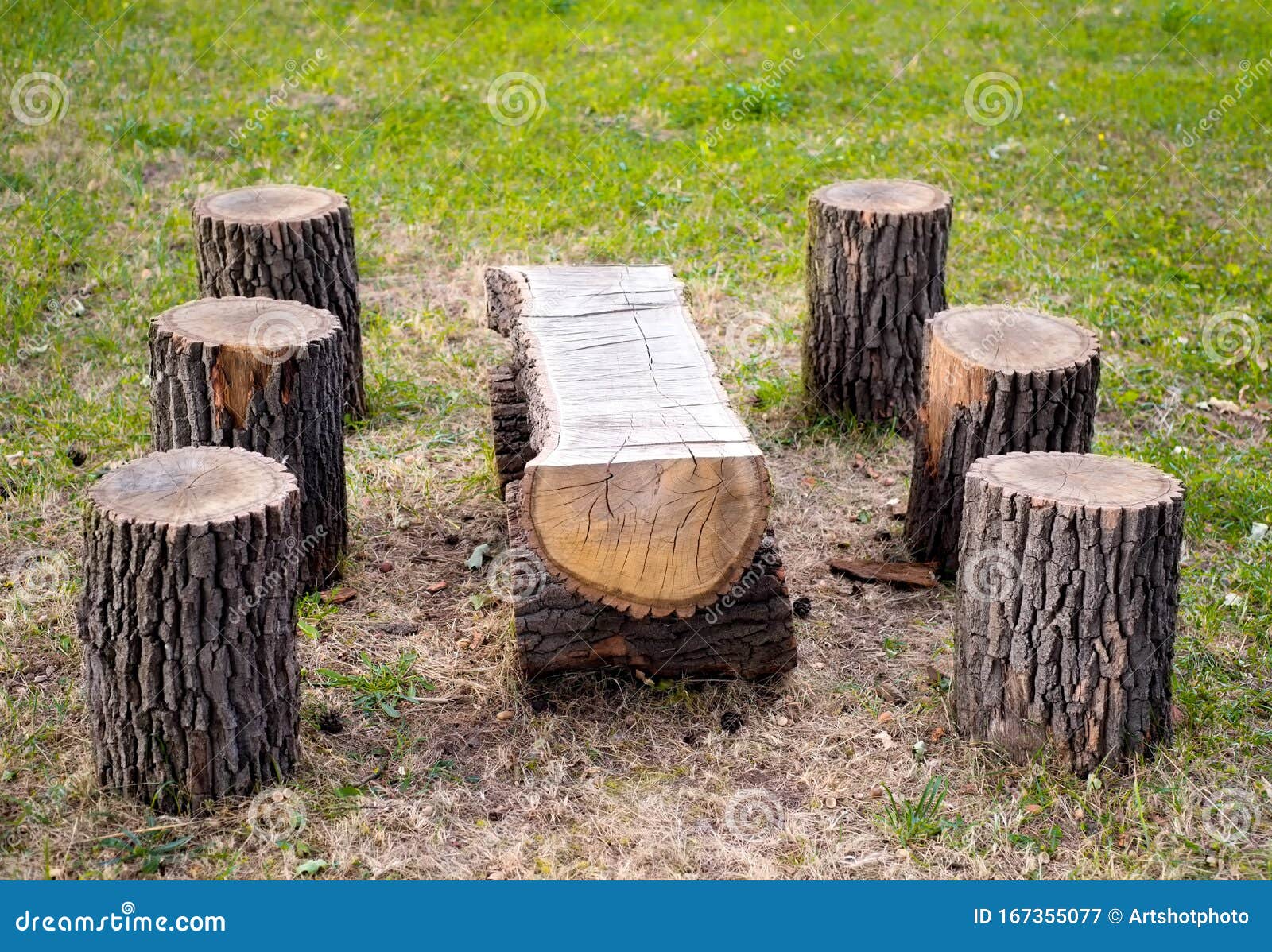 Wooden Table and Stools Made from Tree Logs Stock Image - Image of ...