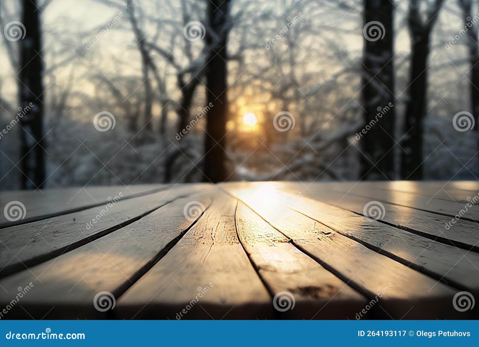 A Wooden Table with the Sun Setting in the Background and Trees in the ...