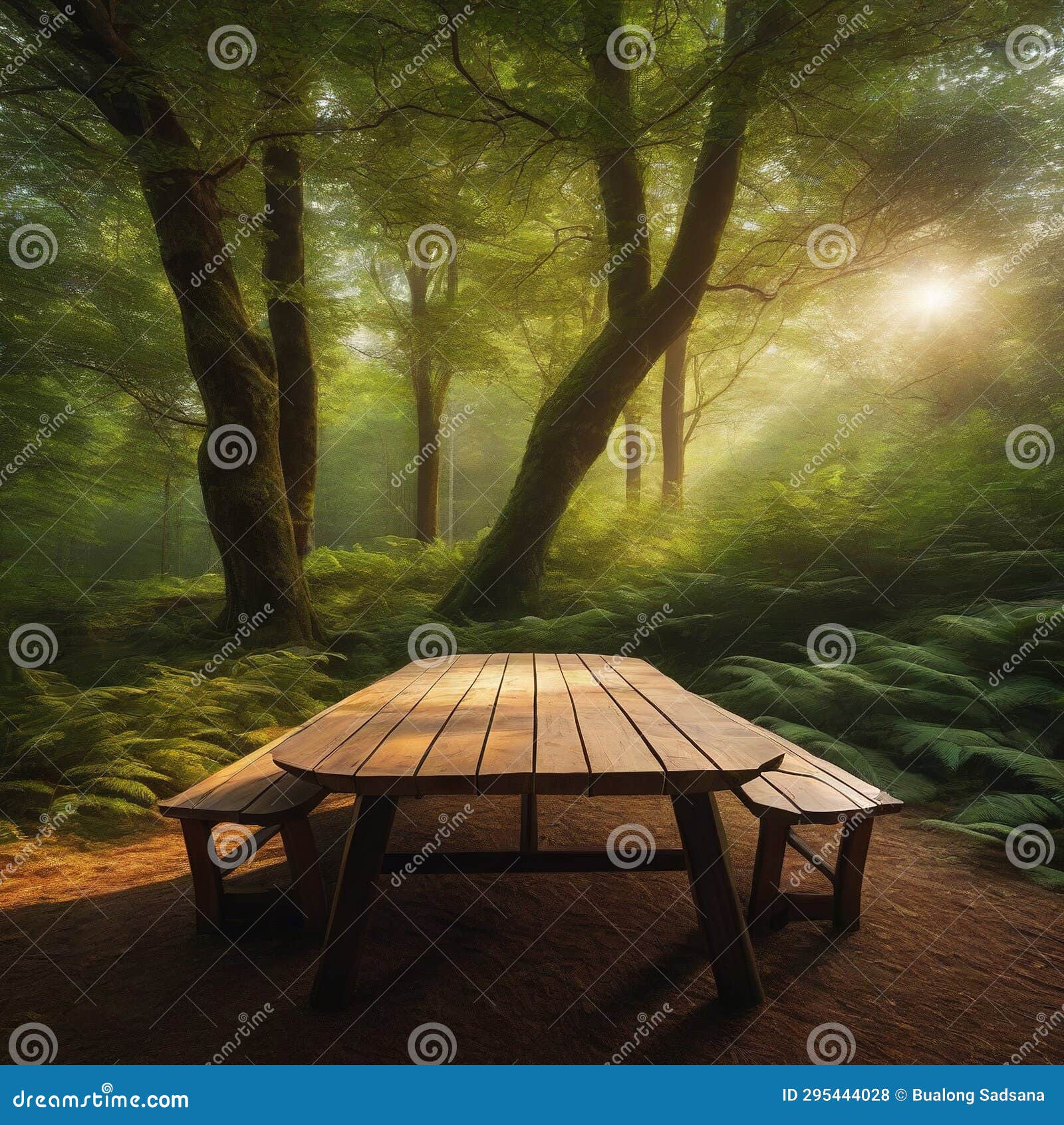 Wooden Table Surrounded by Trees in a Forest Stock Illustration ...