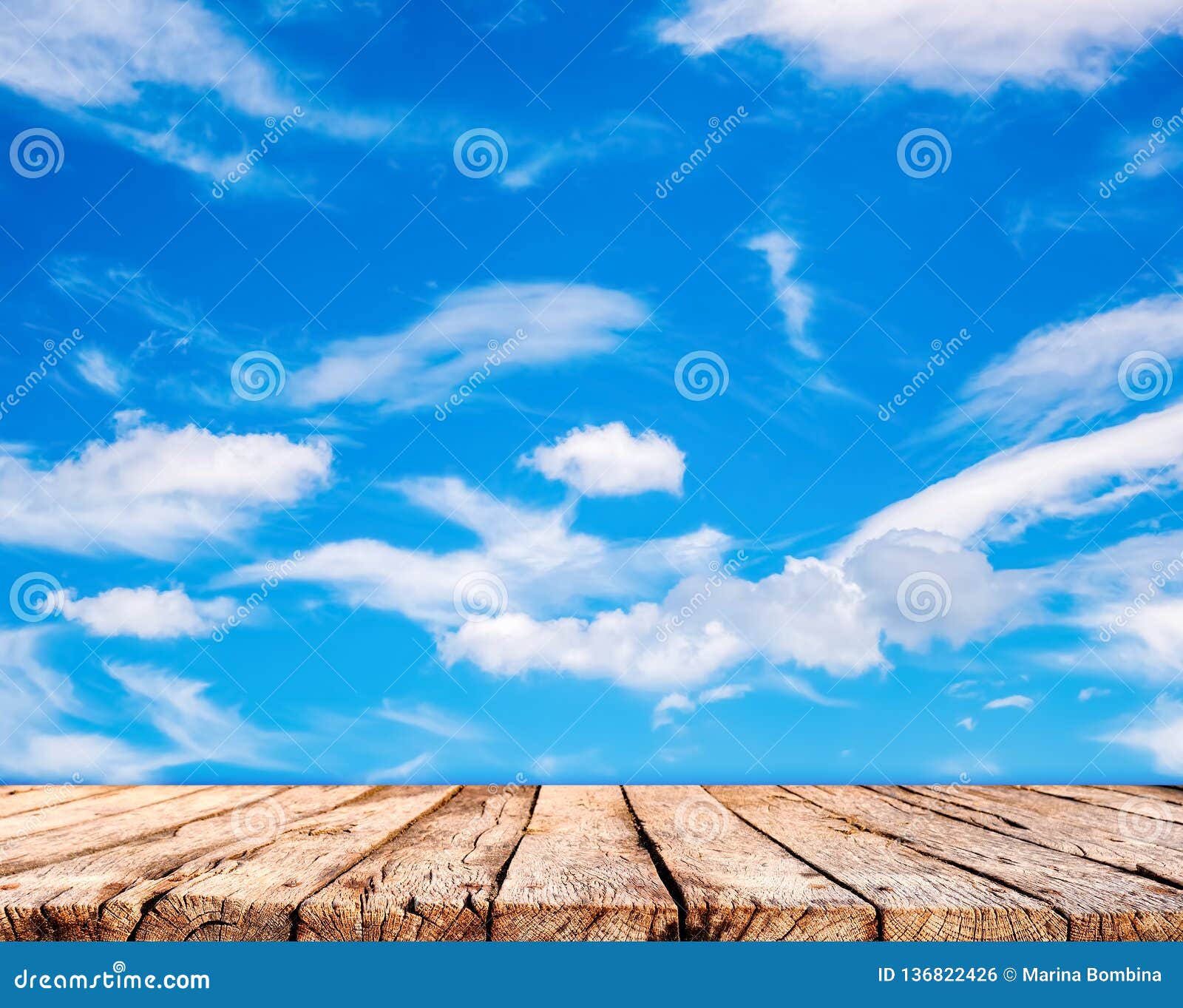 Wooden Table Top and Blue Sky Background Stock Photo - Image of wood ...
