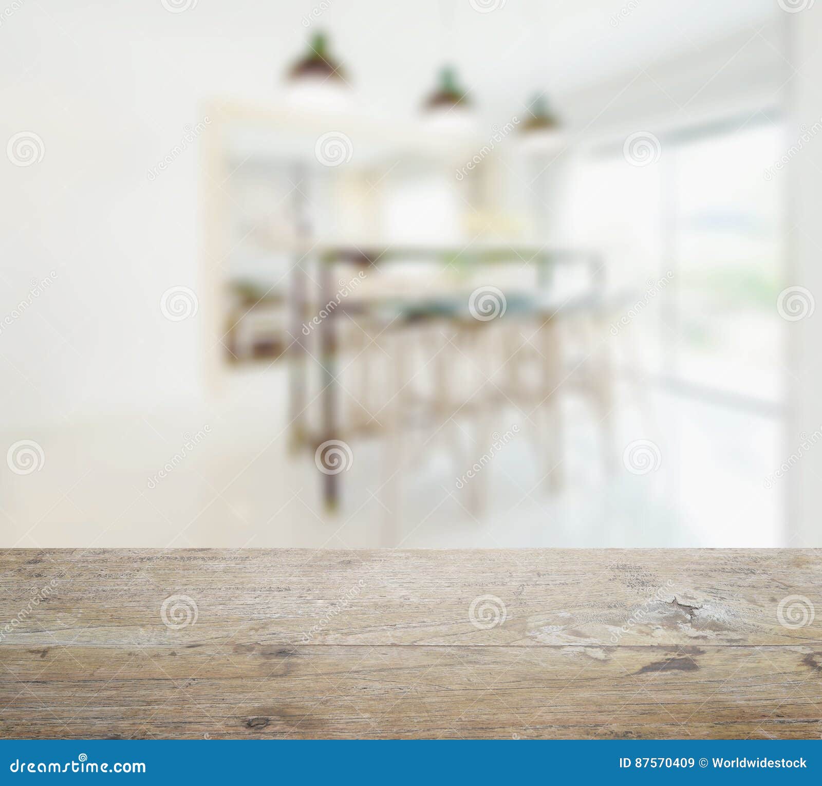 Wooden Table Top with Blur of Modern Dining Table in Dining Room Stock ...
