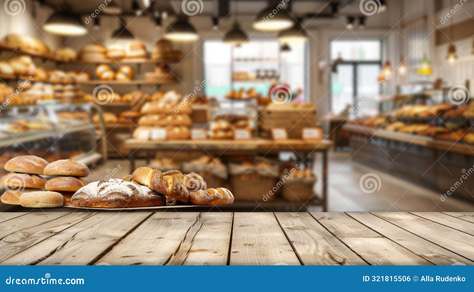Wooden Table Top on Blurred Background of Bakery for Product Display or ...