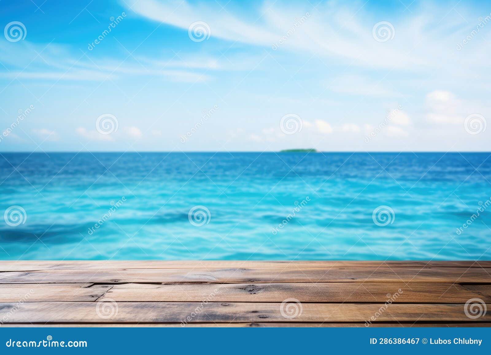 Wooden Table Top on Blurred Blue Sea Background Stock Illustration ...