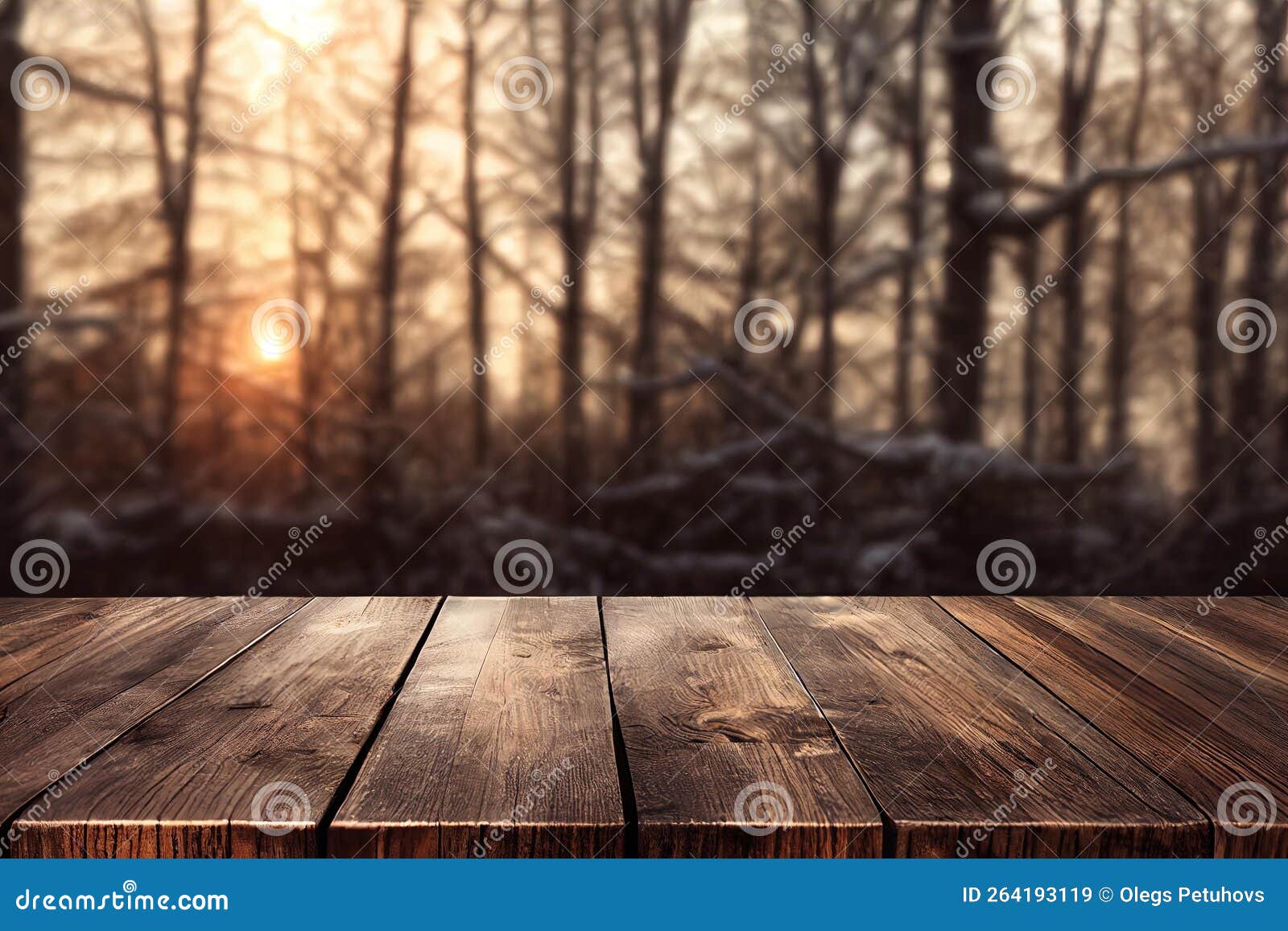 A Wooden Table Top with a Blurry Background of Trees in the Background ...