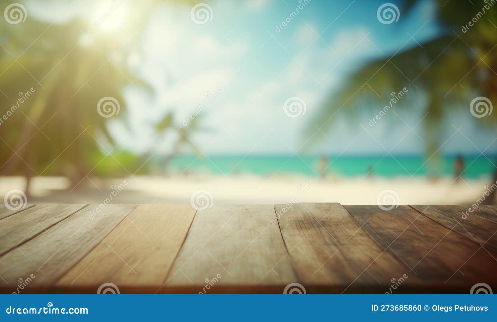 A Wooden Table Top with a Blurry Beach in the Background Stock Photo ...