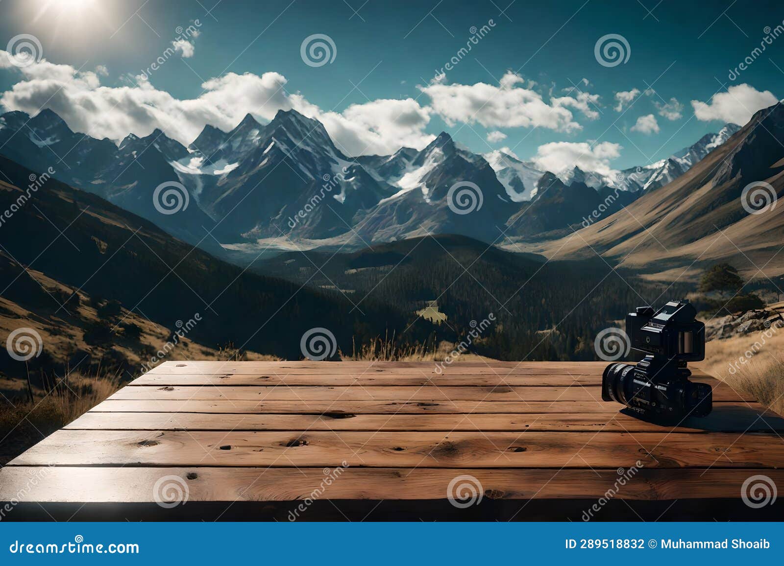 Wooden Table Top, Camera on Table with the Mountain Landscape Stock ...