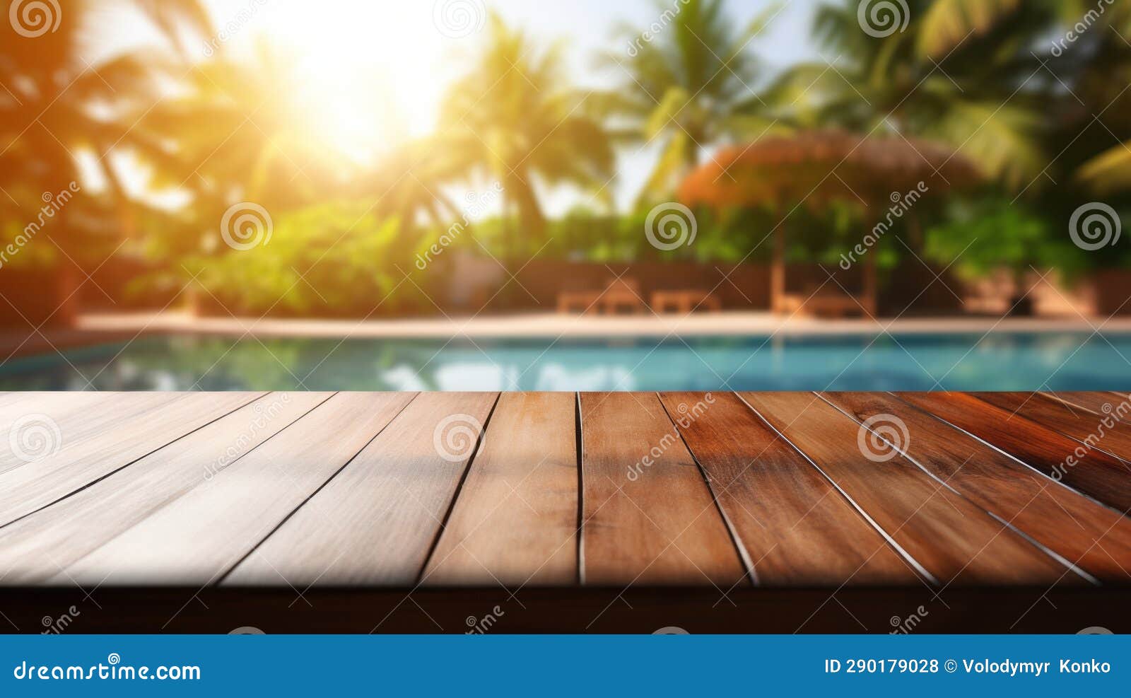 A Wooden Table Top in Front of a Swimming Pool. Generative Ai Stock ...