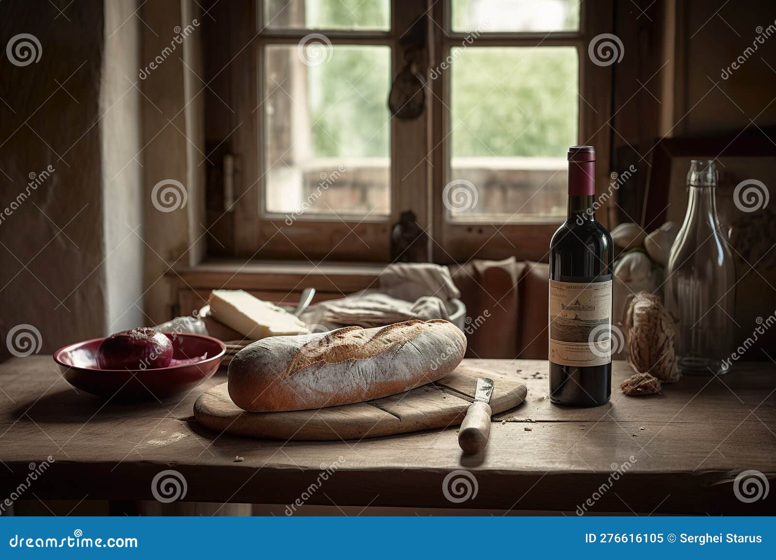A Wooden Table Topped with Bread and a Bottle of Wine. AI Generative ...