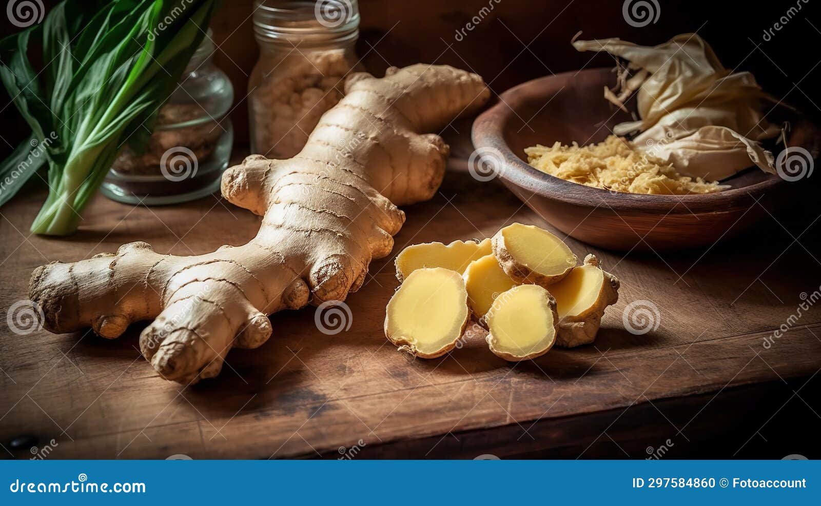 Wooden Table Topped with Ginger Roots and Fresh Grated Ginger ...