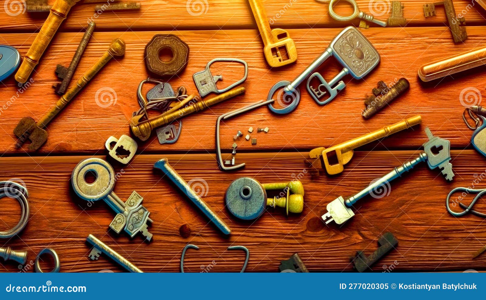 Wooden Table Topped with Lots of Different Types of Keys and Locks on ...