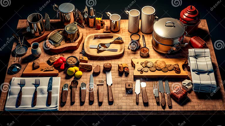 Wooden Table Topped With Lots Of Kitchen Utensils And Cooking Utensils