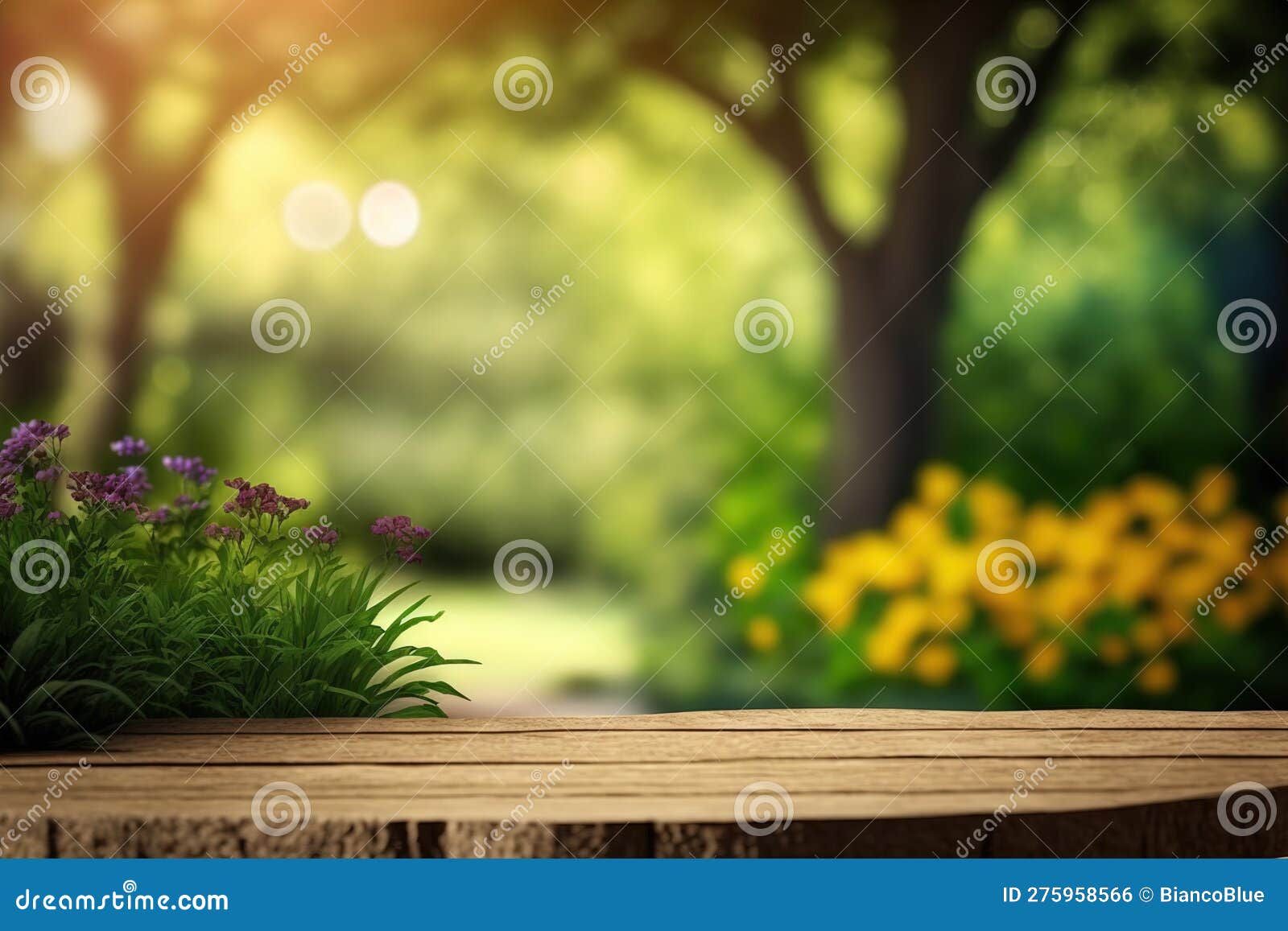 Wooden Table View with Blurred Garden Background in Summer. Flawless ... Wooden Table View with Blurred Garden Background in Summer. Flawless ...