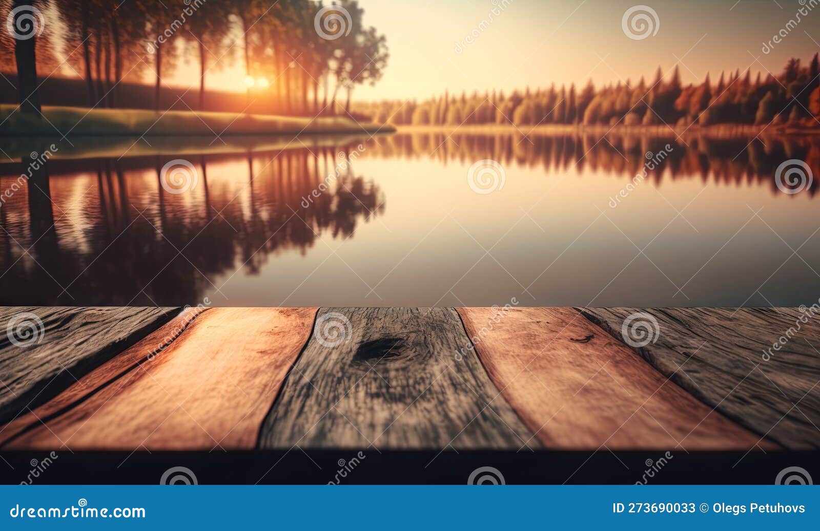 A Wooden Table with a View of a Lake and Trees Stock Illustration ...