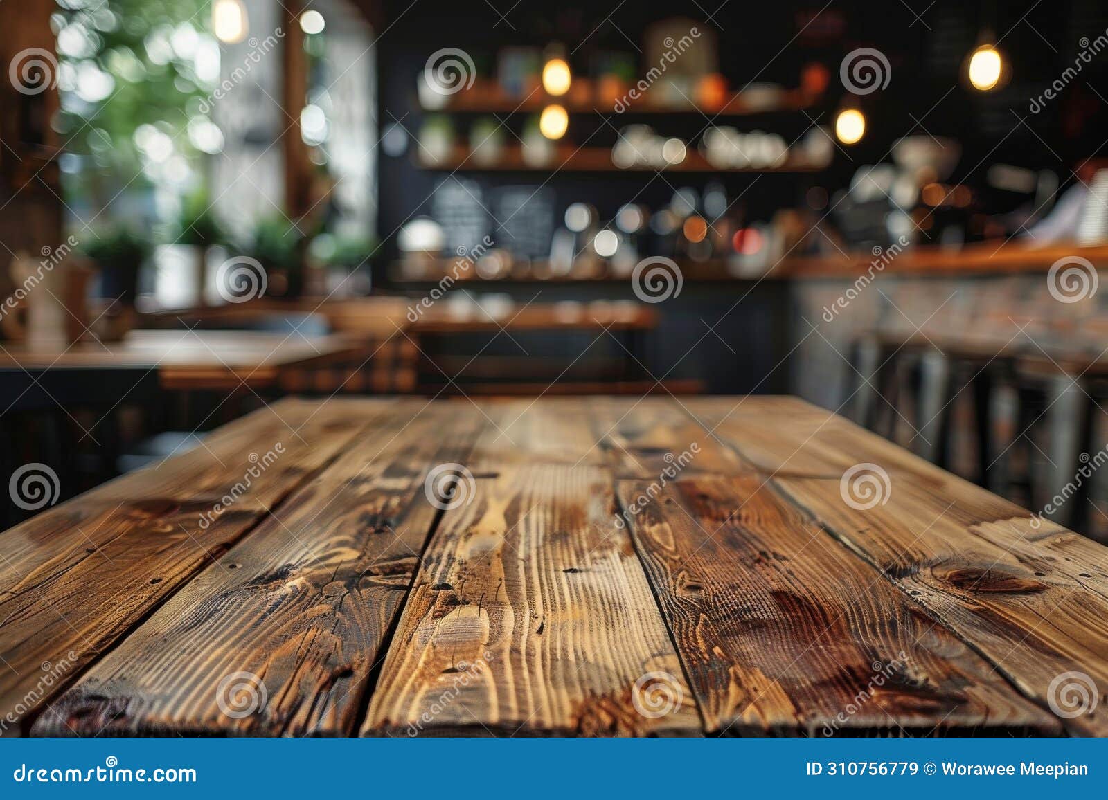 A Wooden Table with a View of a Restaurant. Advertising Background ...