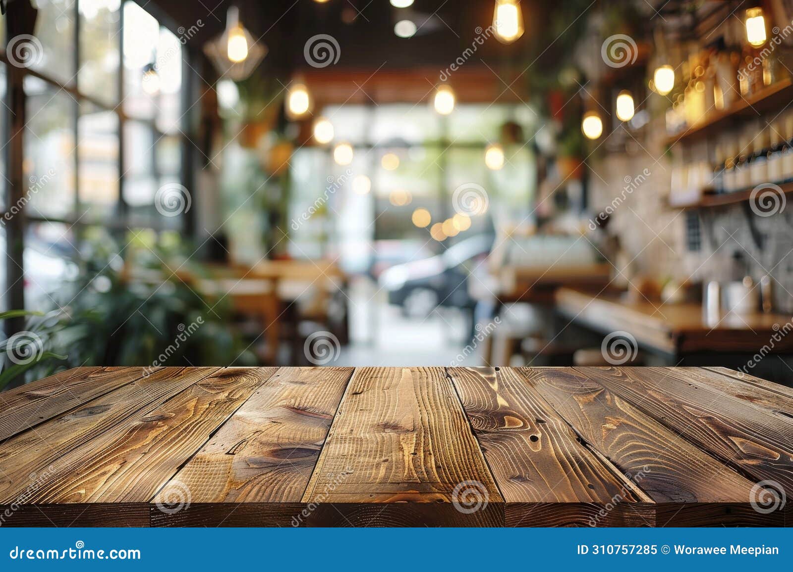 A Wooden Table with a View of a Restaurant. Advertising Background ...