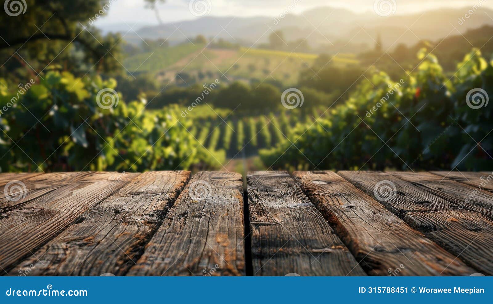 A Wooden Table with a View of a Vineyard Stock Image - Image of design ...