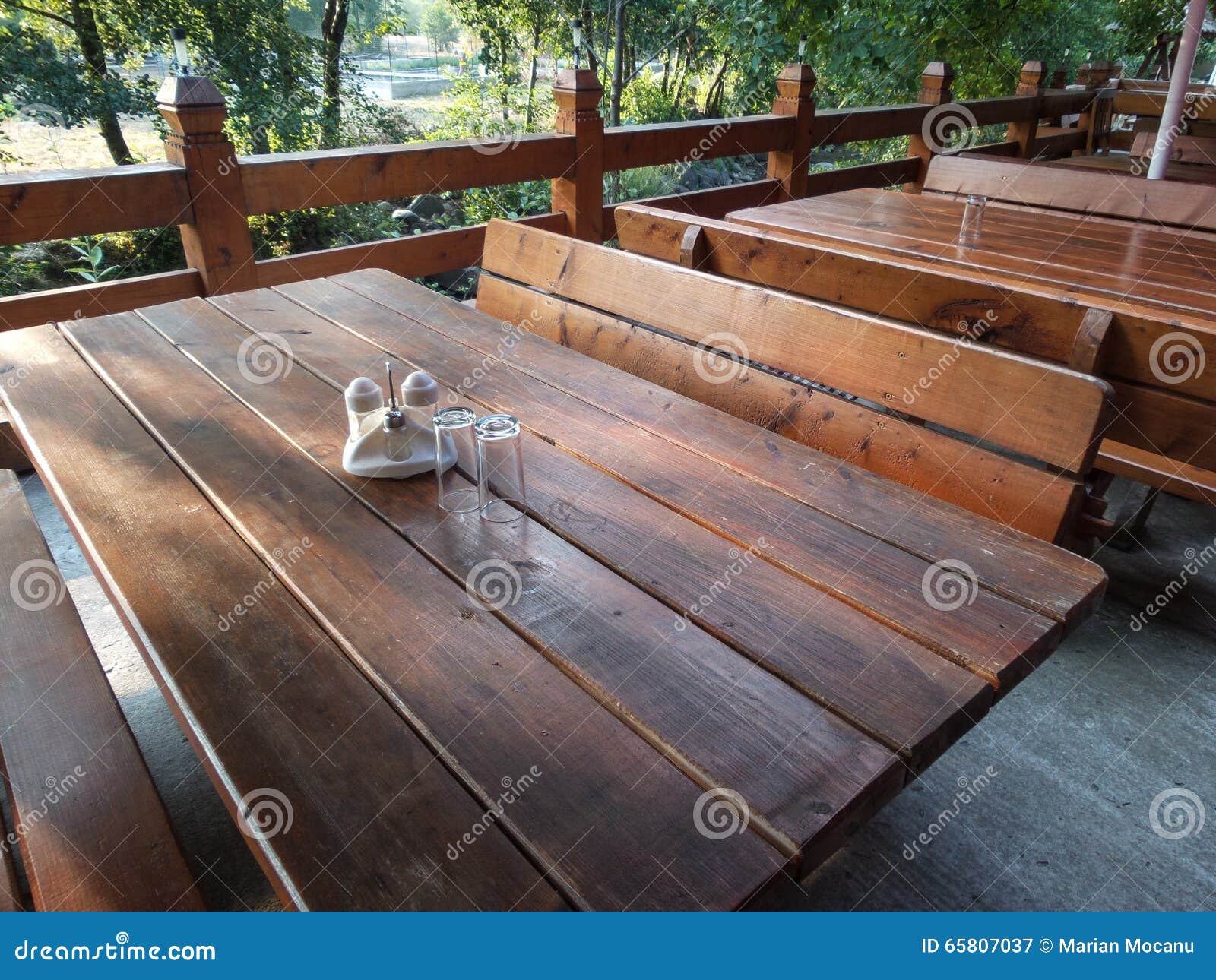 Wooden Tables and Bench on Terrace Stock Image - Image of beautiful ...