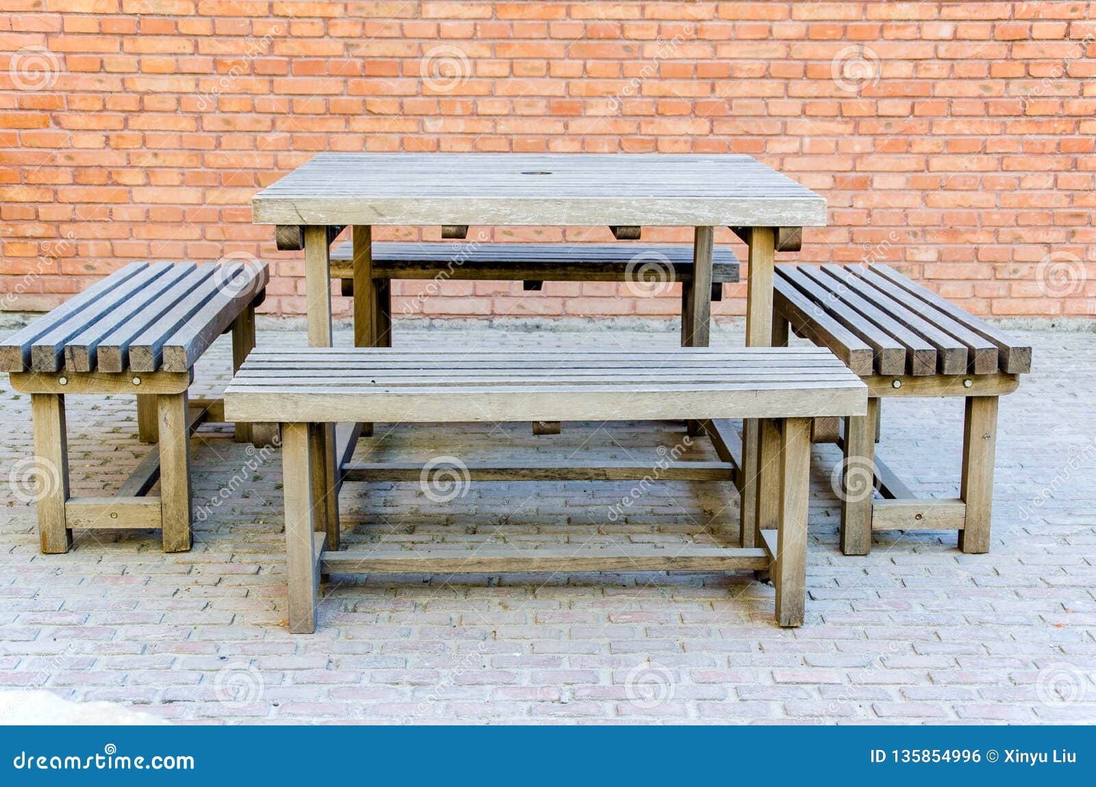 Wooden tables and benches stock photo. Image of wooden - 135854996