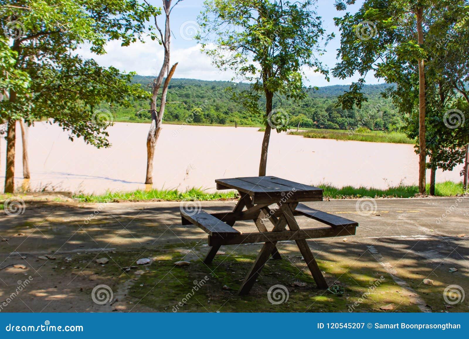 The Wooden Tables on the Floor in a Public Park. Stock Image - Image of ...