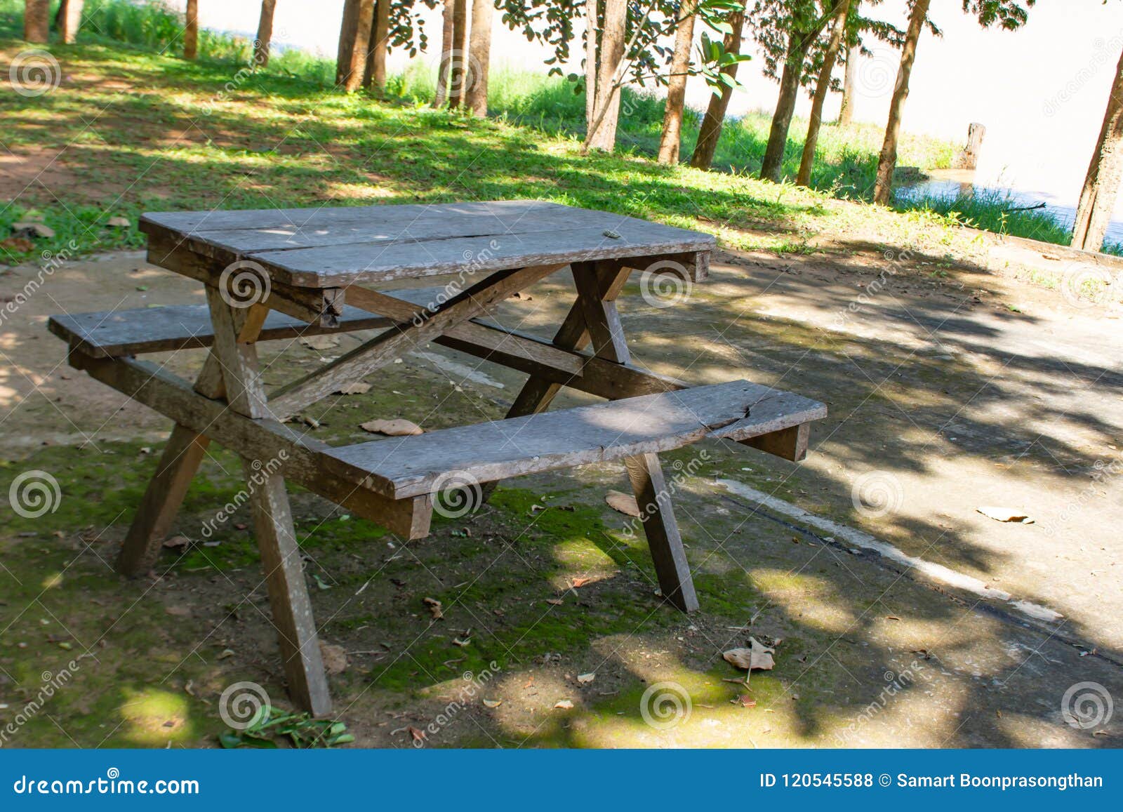 The Wooden Tables on the Floor in a Public Park. Stock Photo - Image of ...