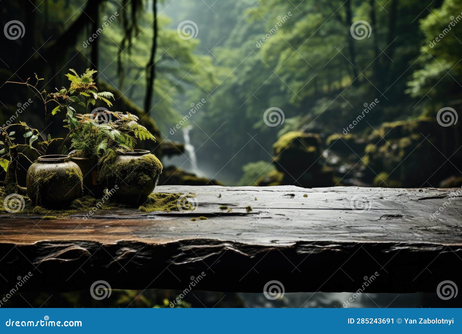 A Wooden Tabletop Against Backdrop of Cascading Waterfall Blank Surface ...