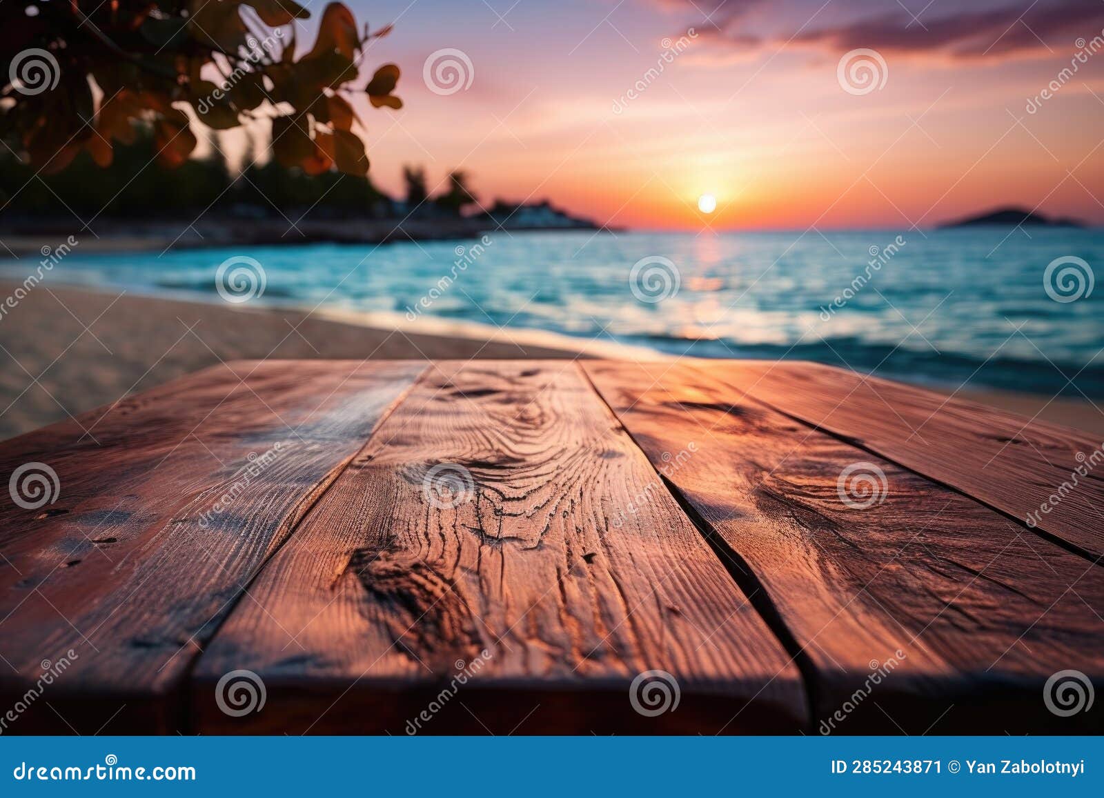A Wooden Tabletop Against Backdrop of Tranquil Sunset Beach Blank ...