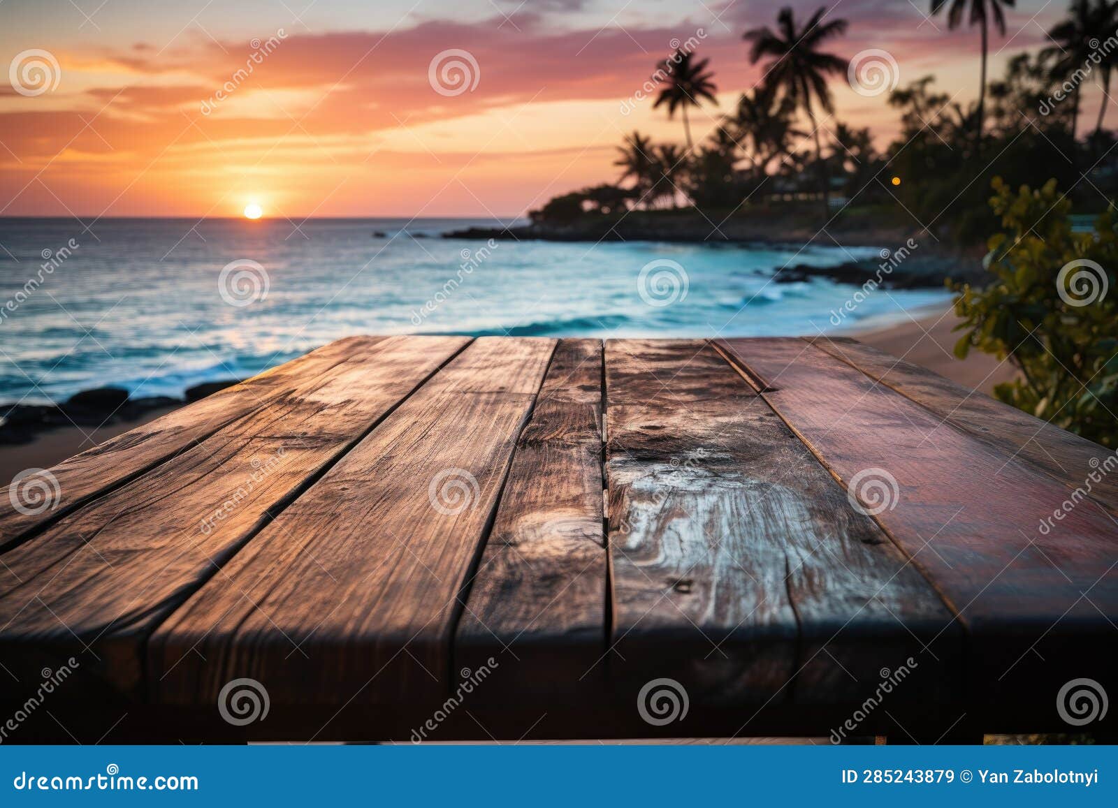 A Wooden Tabletop Against Backdrop of Tranquil Sunset Beach Blank ...