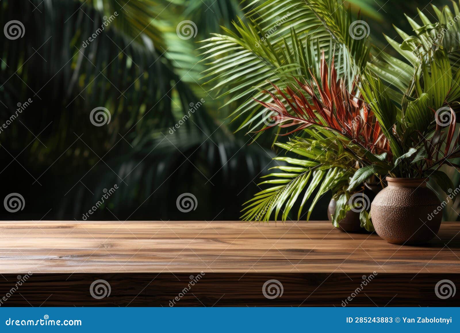 A Wooden Tabletop Against Backdrop of Tropical Palm Tree Blank Surface ...
