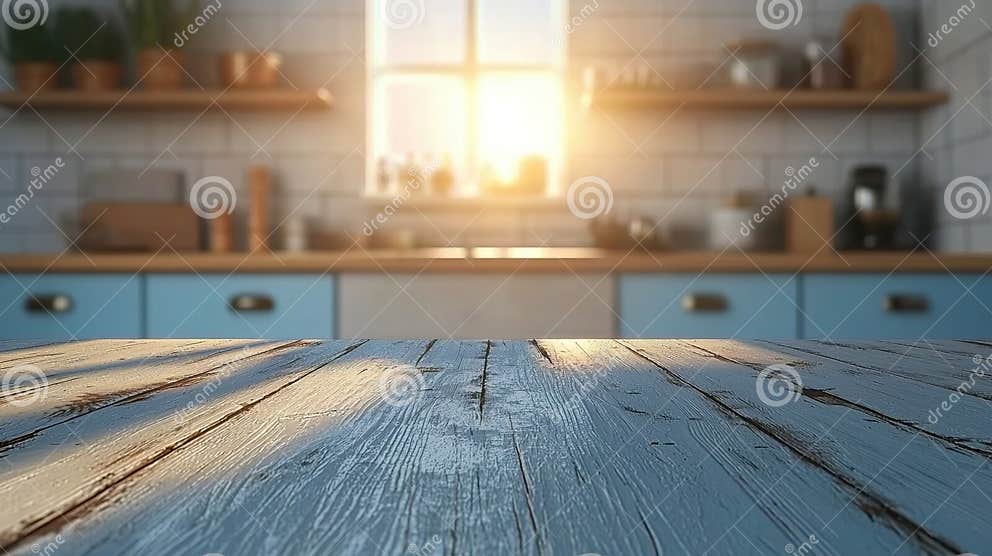 A Wooden Tabletop with a Blurry Background of a Kitchen with a Window ...