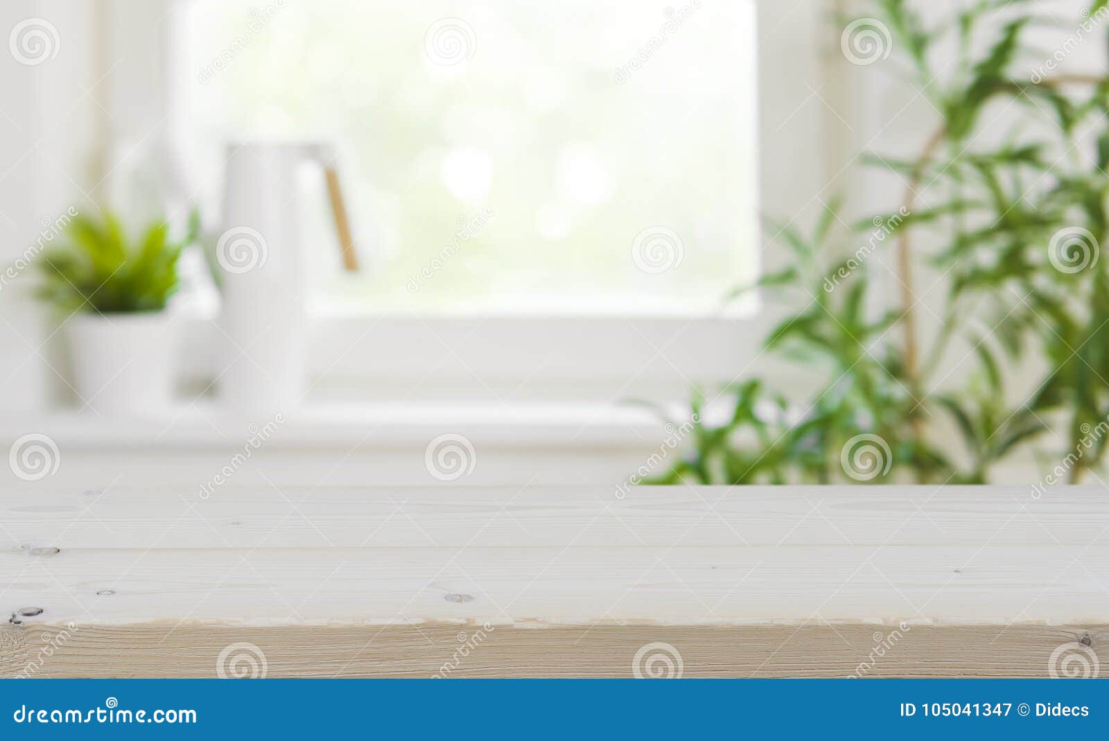 Wooden Tabletop with Copy Space Over Blurred Kitchen Window Background ...