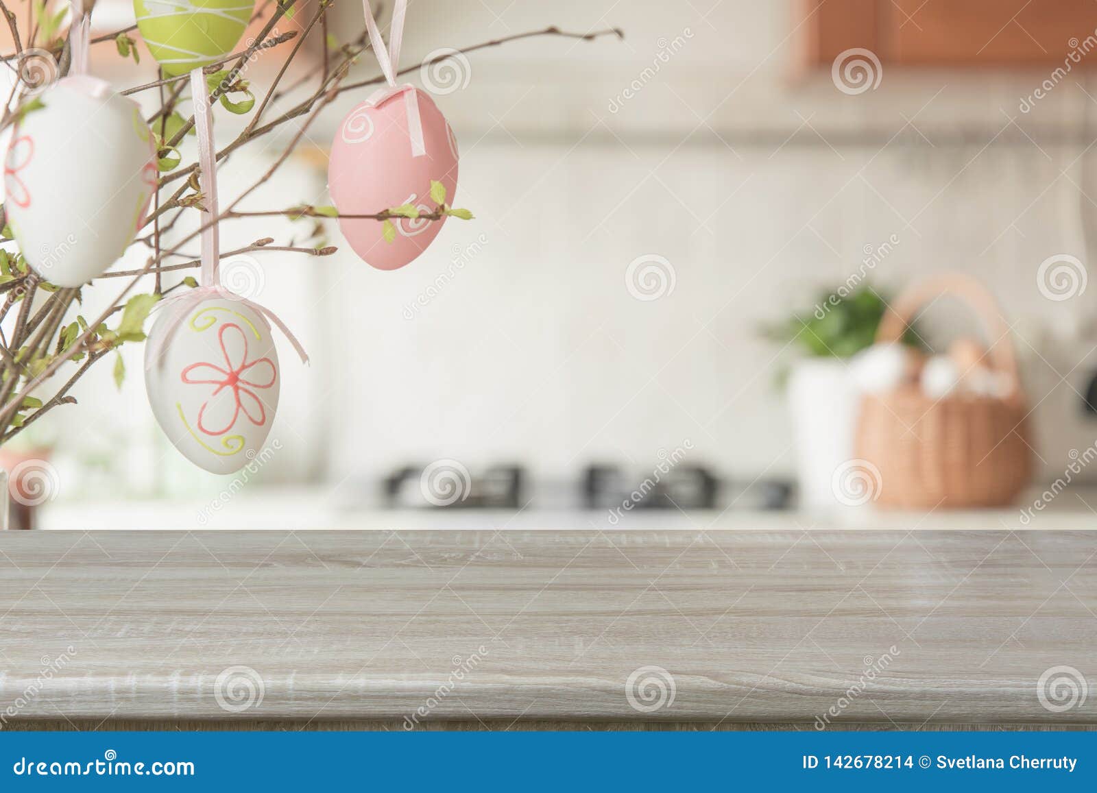 Easter. Blurred Kitchen and Wooden Tabletop with Space for Display Your ...