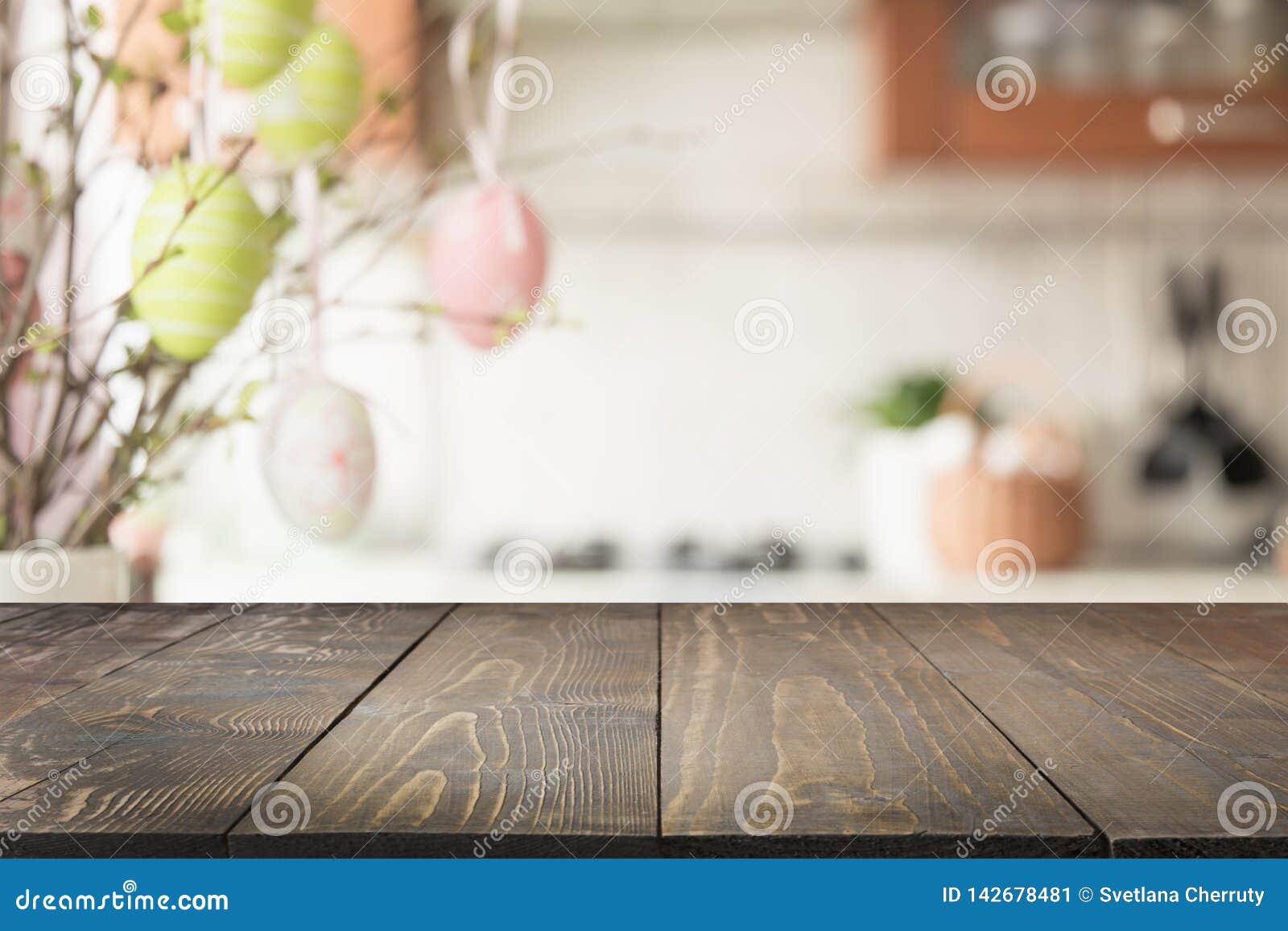 Easter. Blurred Kitchen and Wooden Tabletop with Space for Display Your ...
