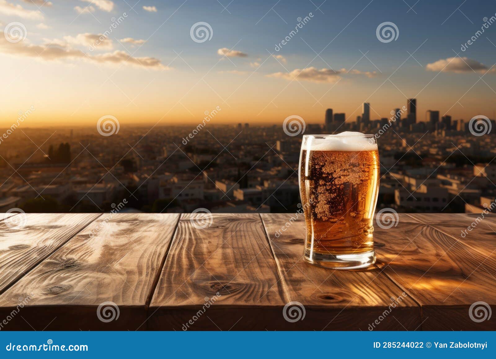 A Wooden Tabletop with Glass of Beer Backdrop of Modern Rooftop Bar ...