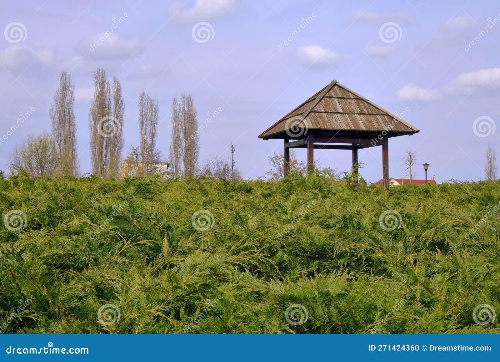 Wooden tower in a field stock photo. Image of green - 271424360