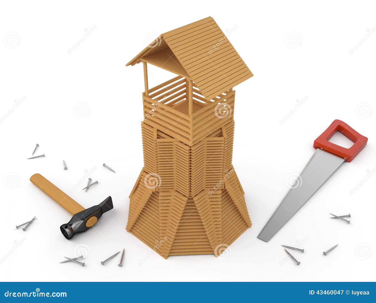 Wooden tower and tools, 3D stock illustration. Illustration of cutting ...