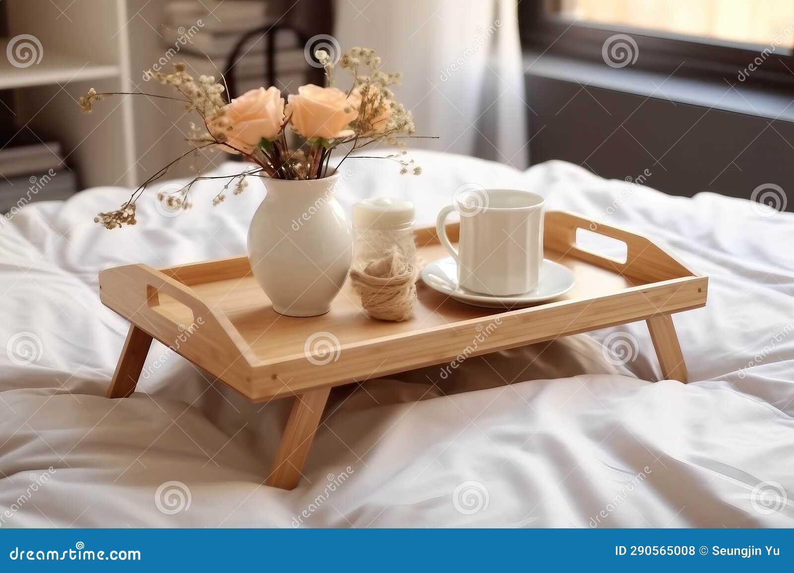 Wooden Tray with Coffee and Interior Decor on the Bed with White Linen ...