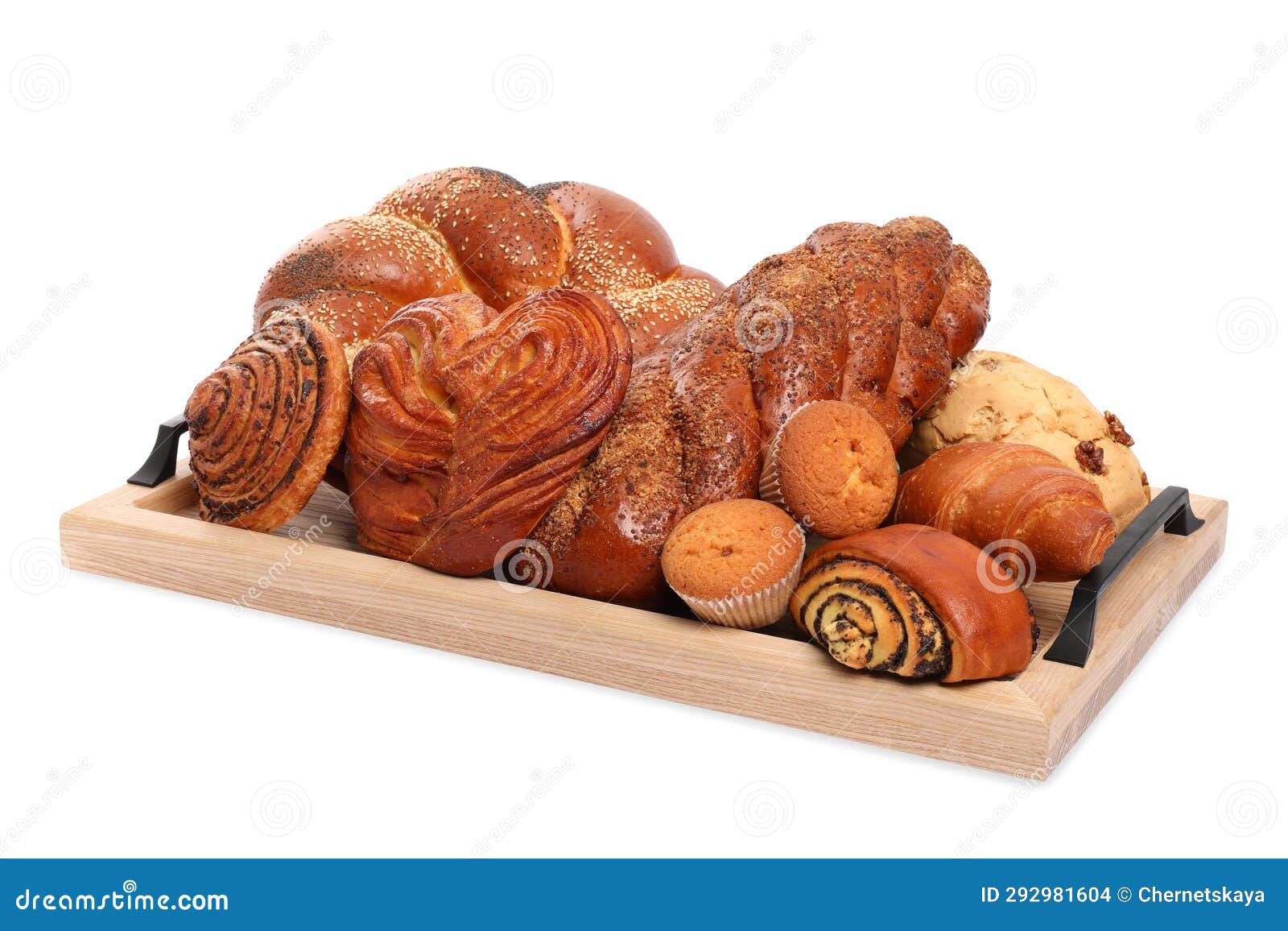 Wooden Tray with Different Pastries Isolated on White Stock Photo ...