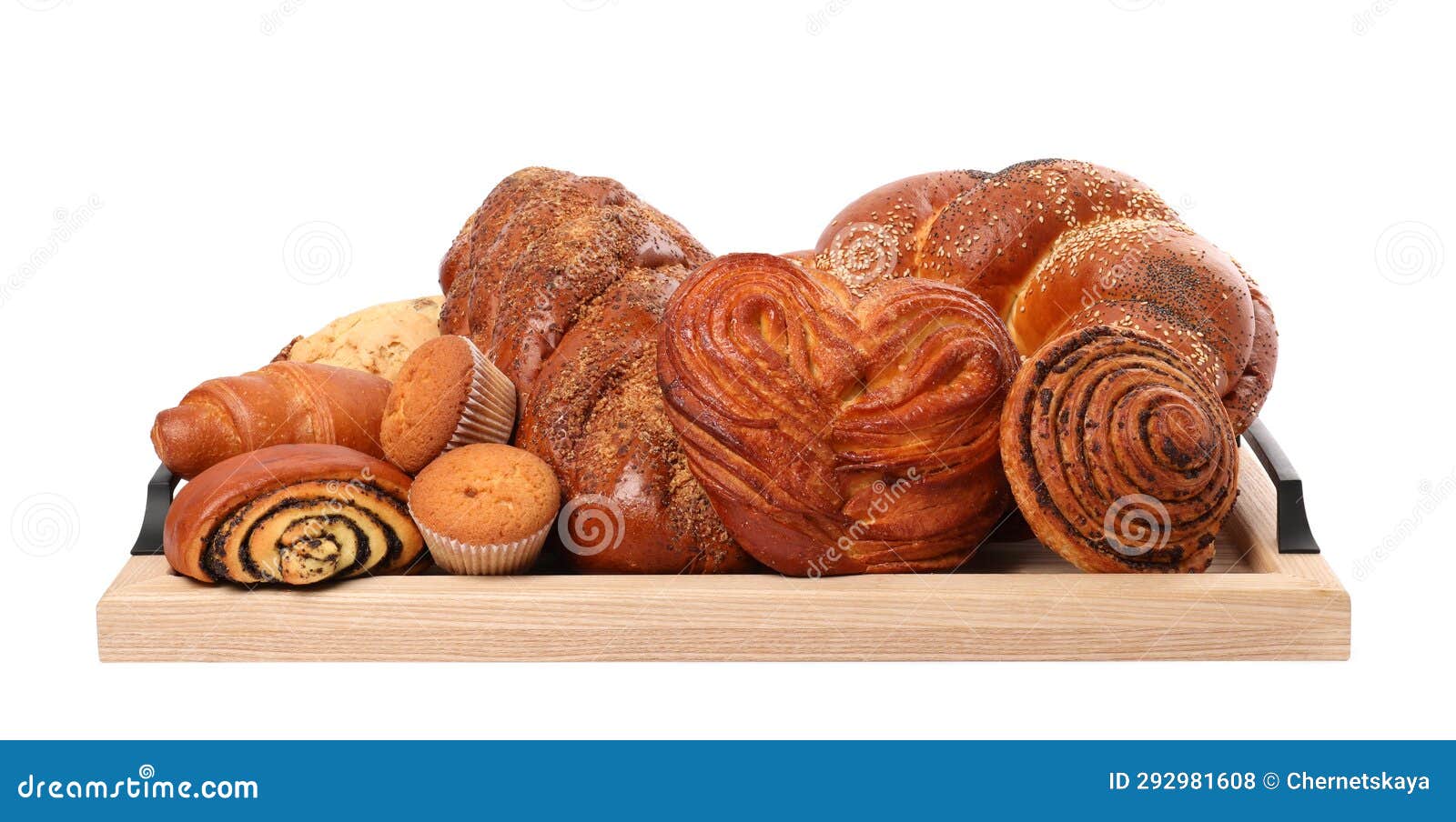 Wooden Tray with Different Pastries Isolated on White Stock Photo ...