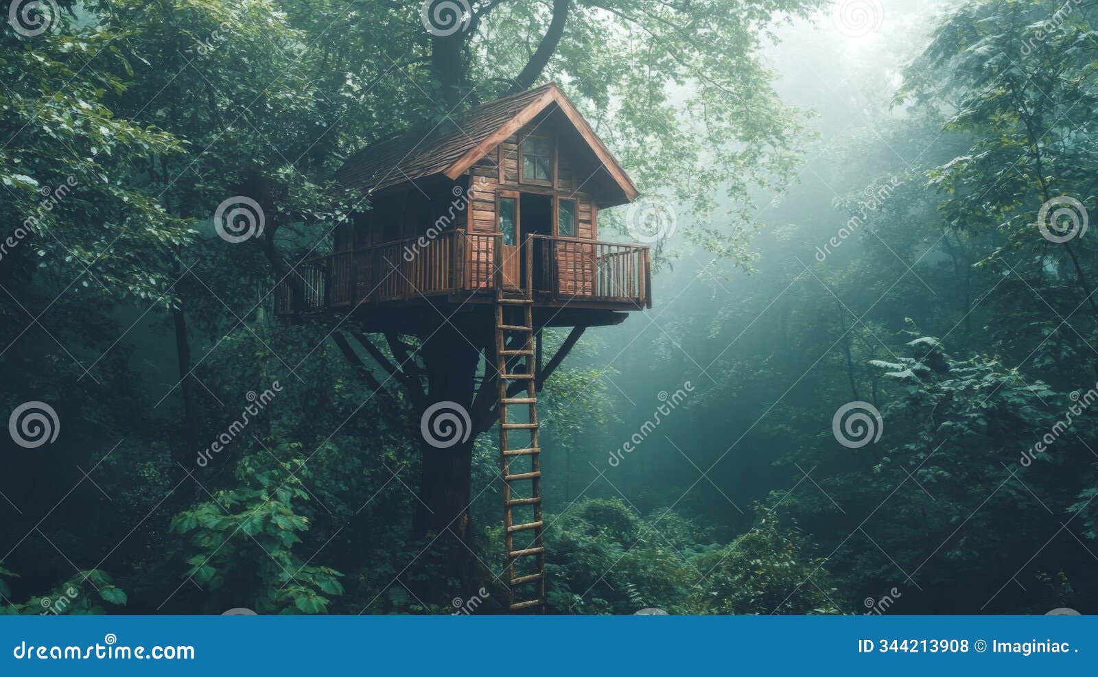 Wooden Treehouse, Hut On Tree With Ladder For Kids Outdoor Activity And ...