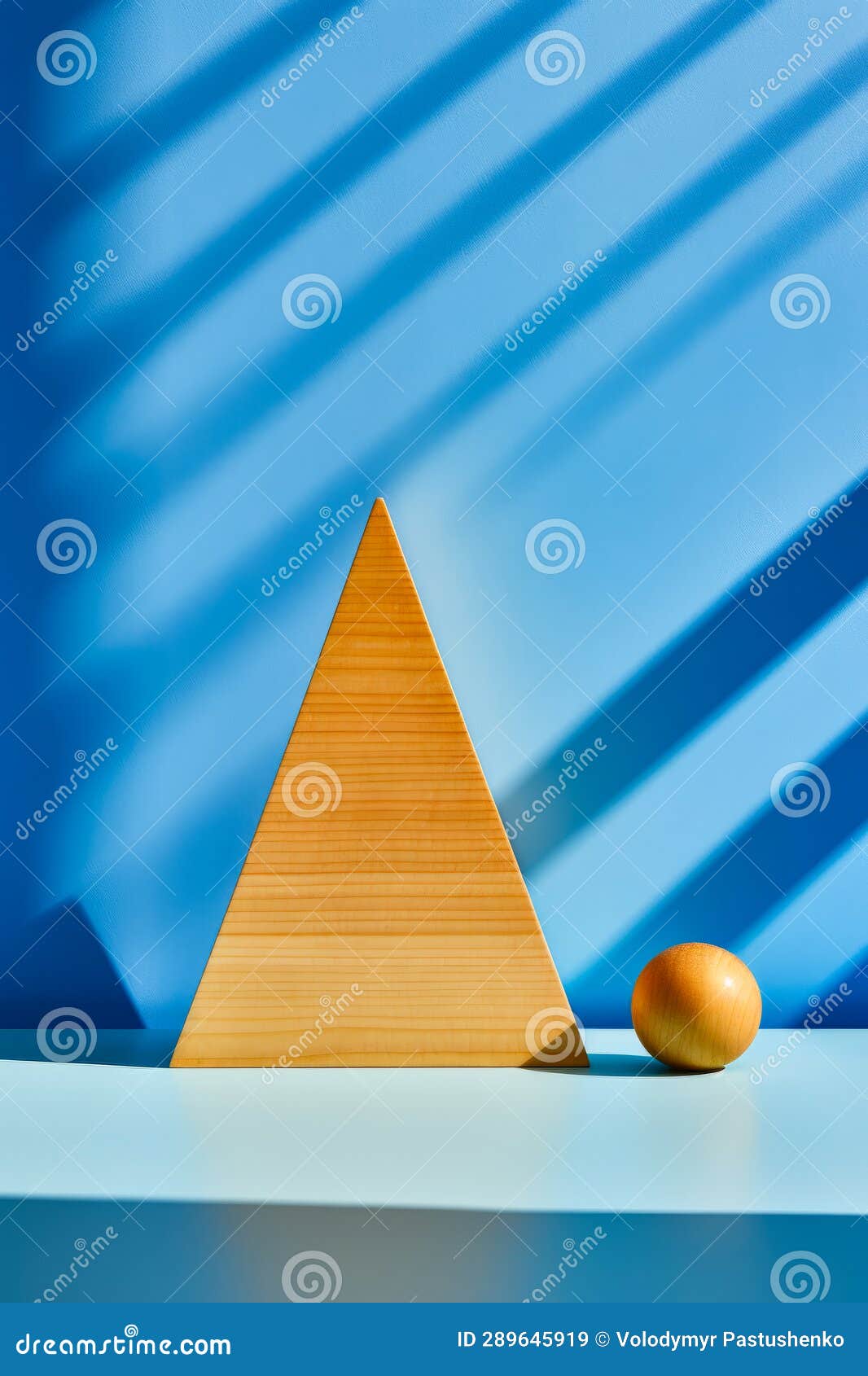 Wooden Triangle and Ball on Table with Blue Background. Generative AI ...