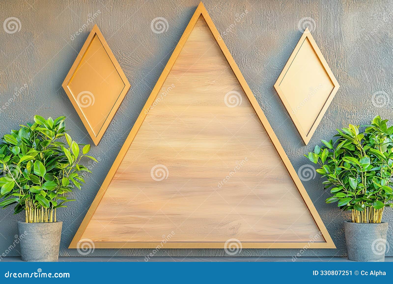 Wooden Triangular Frame with Gold Trim, Blank, on Gray Wall with Plants ...